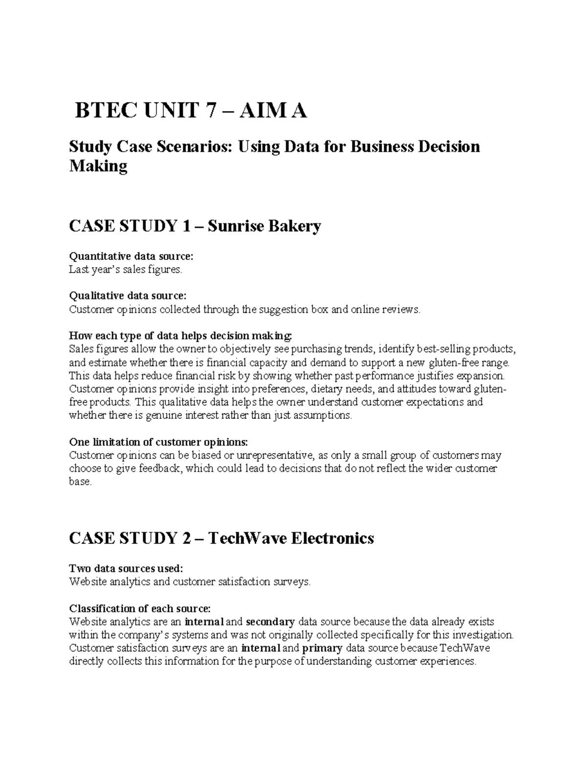 BTEC UNIT 7 AIM A Case Studies on Data-Driven Decision Making - Studocu