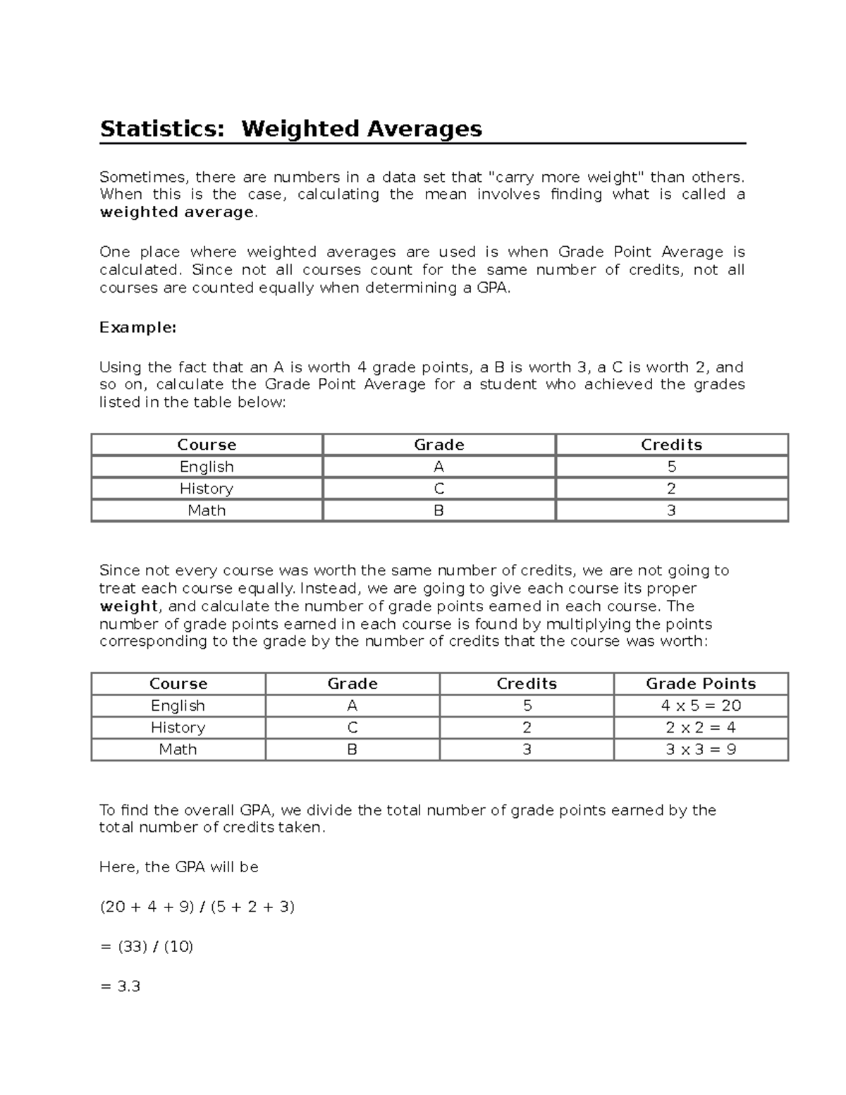 Weighted avg - notes for exam 1 for math 123 in professor yates course ...