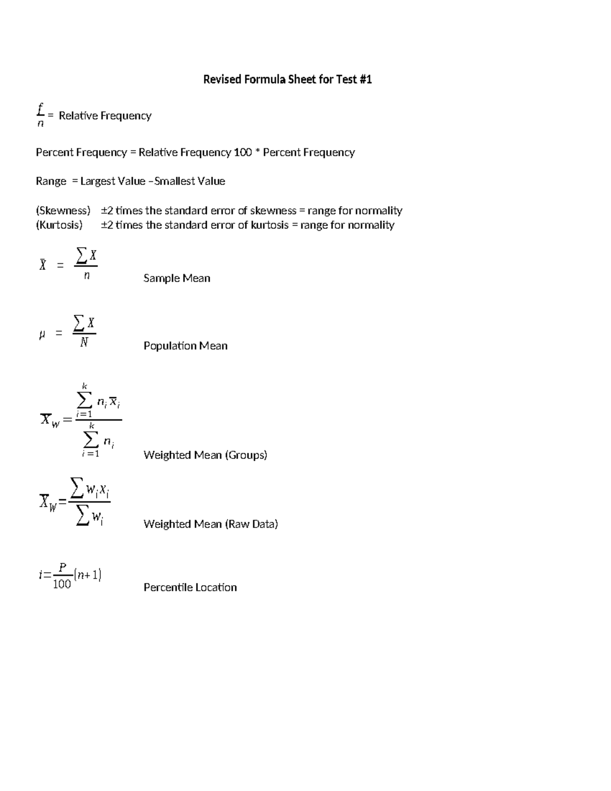 Revised Formula Sheet for Test 1: Relative Frequency & Variance - Studocu