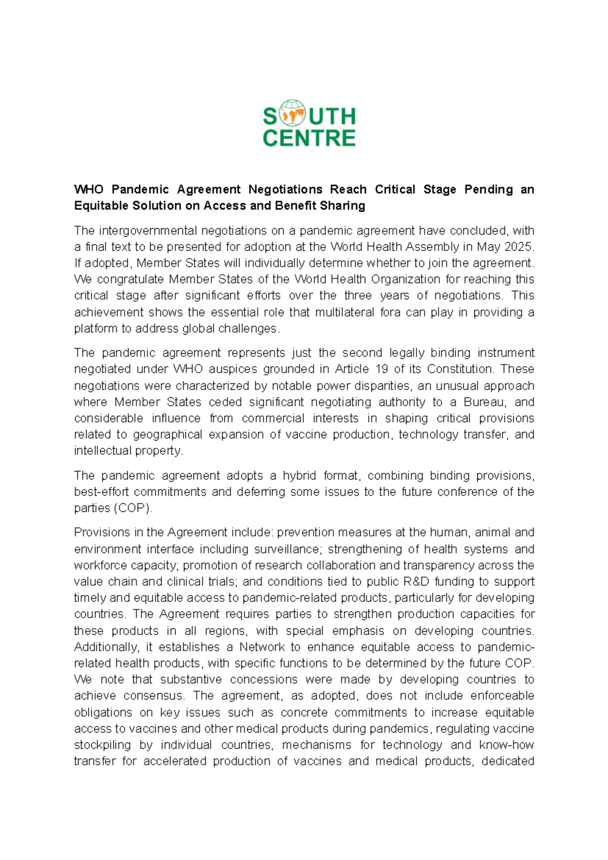 WHO Pandemic Agreement Negotiations: Key Outcomes and Future Steps ...