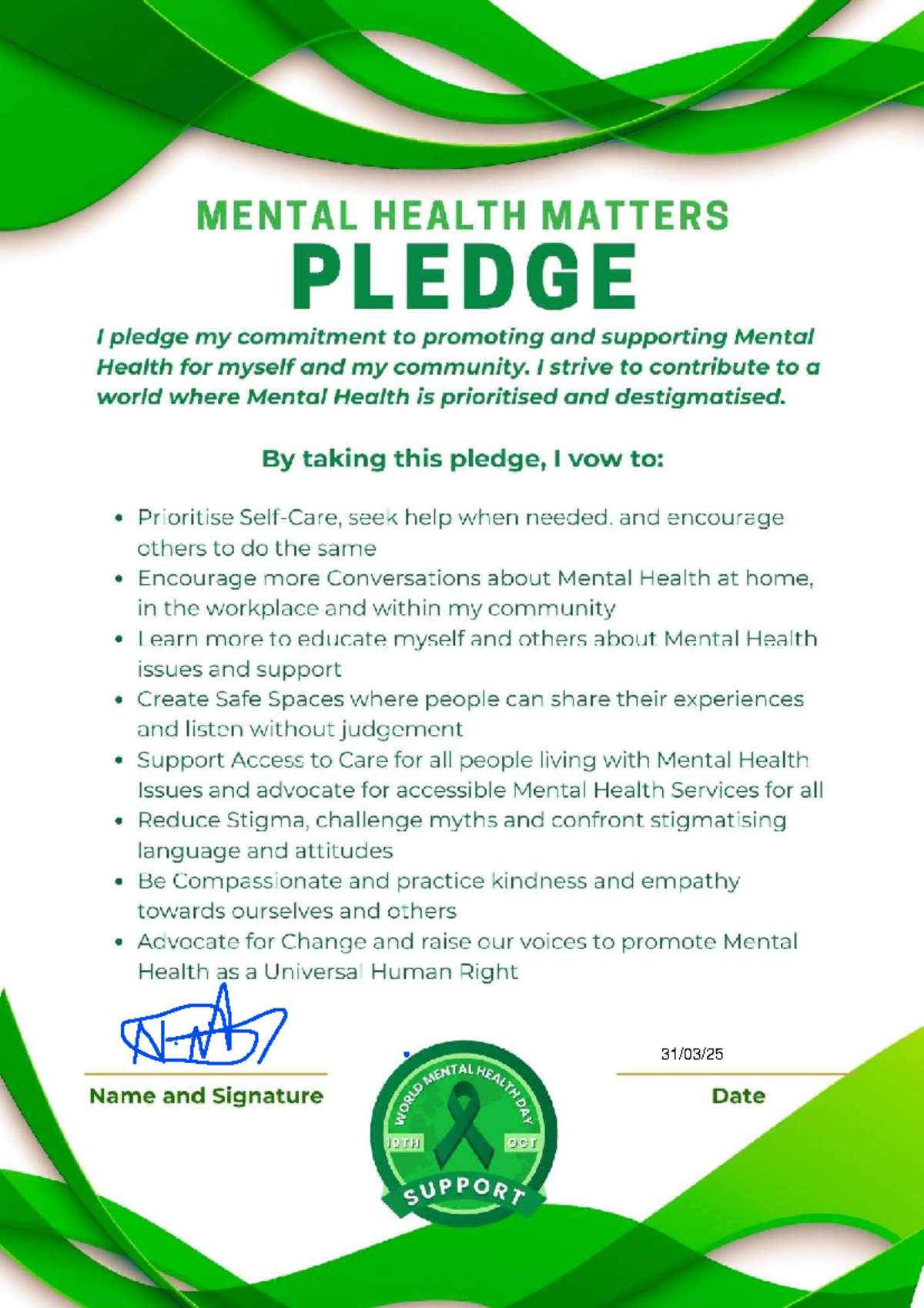 Wmhd-2023 Mental Health Matters Pledge Certificate of Commitment - Studocu