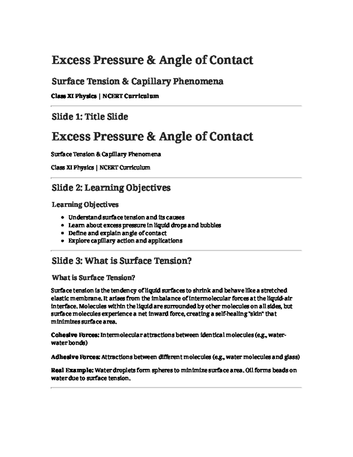 Class XI Physics: Excess Pressure, Surface Tension & Capillarity Notes ...