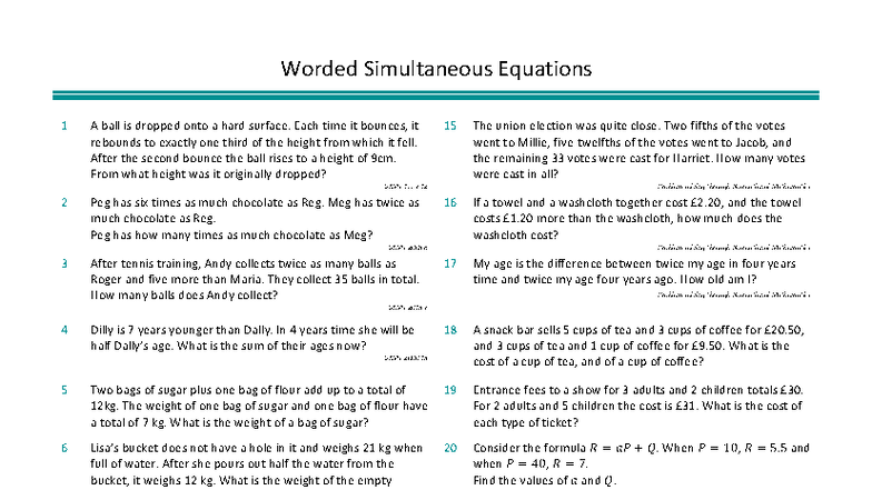Worded Simultaneous Equations: UKMT Problem Solving Exercises - Studocu