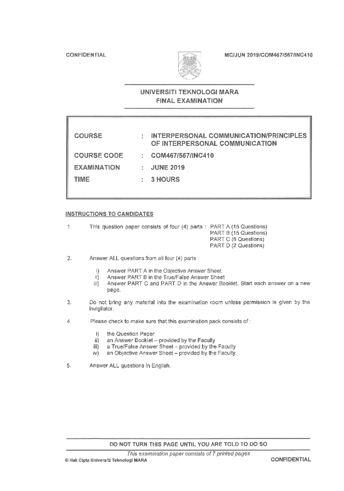 COM467 567 INC410 - Interpersonal Communication Final Exam June 2019 ...