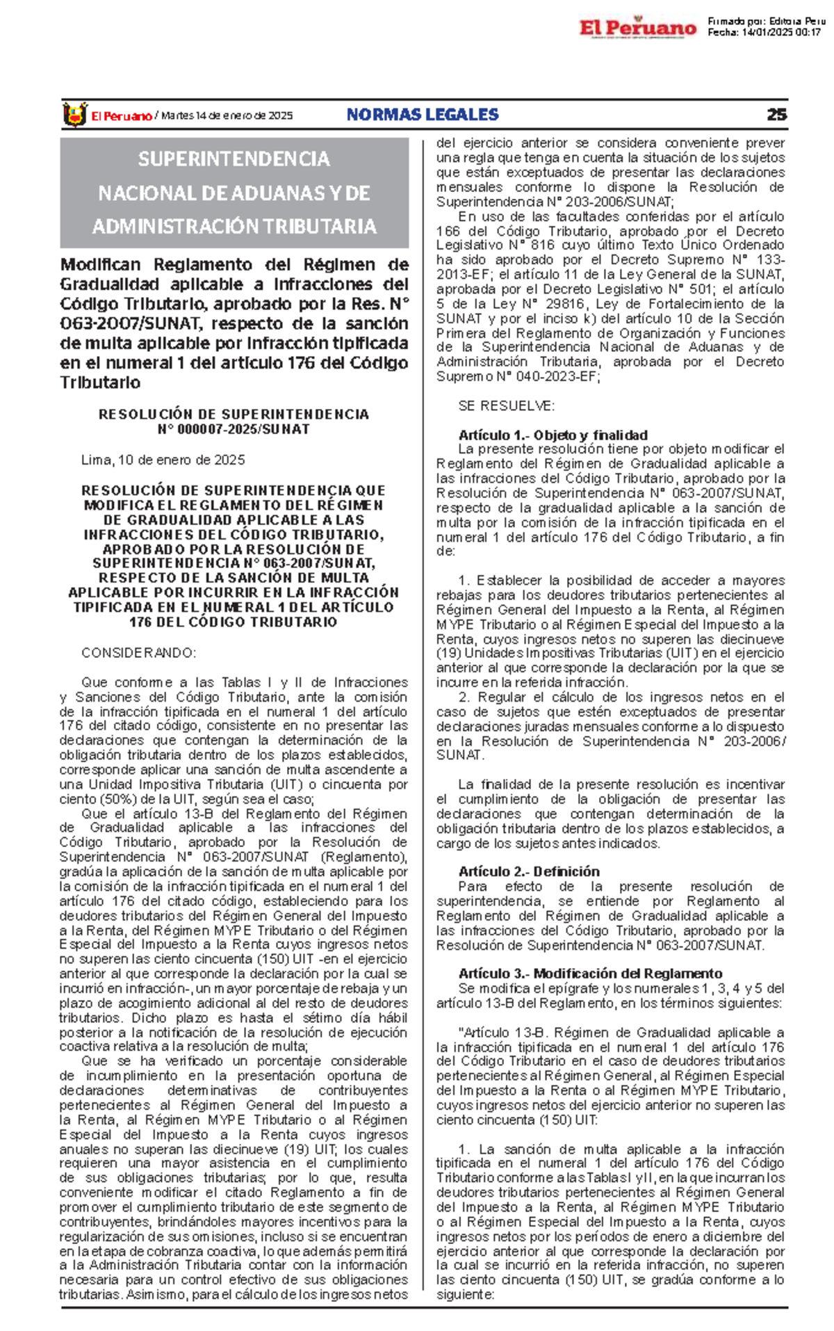 Modificación del Reglamento de Gradualidad de Multa SUNAT 2361255-1 ...