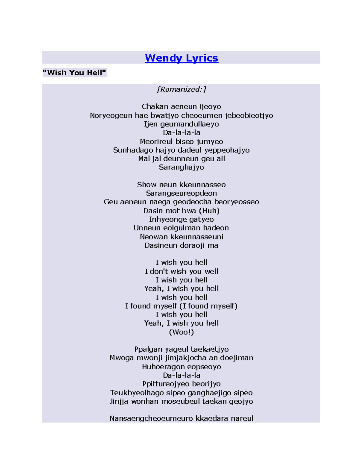 Wendy Lyrics Analysis - mkjkj - Studocu