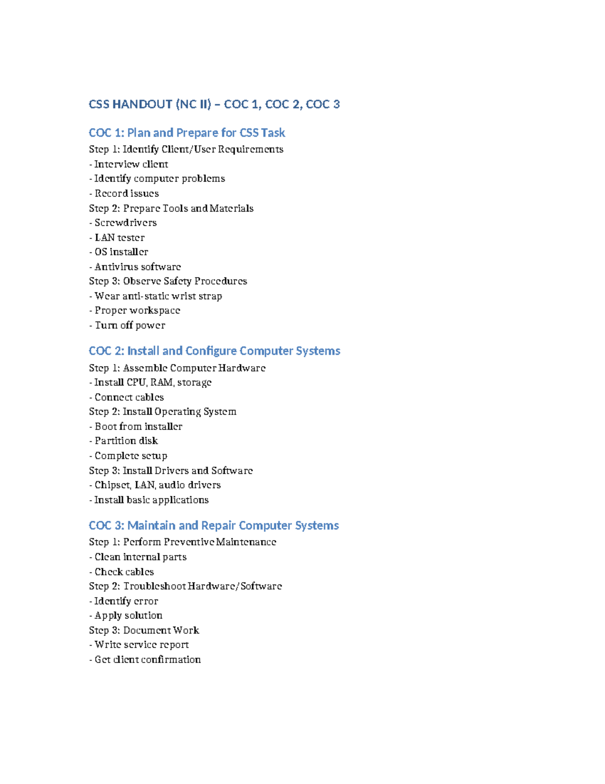 CSS NC II Handout: COC 1, COC 2, COC 3 Overview - Studocu