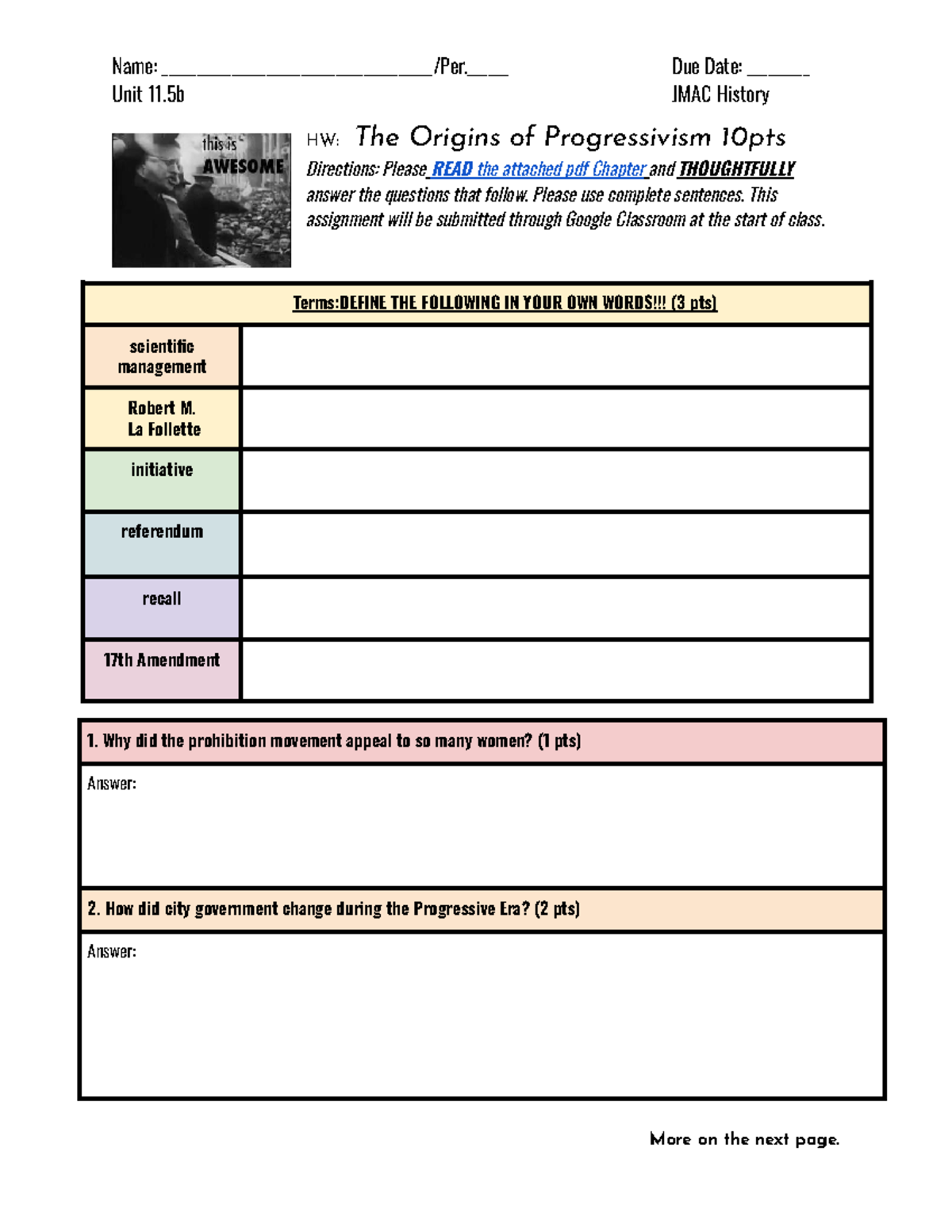 Unit 11.5b JMAC History: HW on Origins of Progressivism - Name: - Studocu