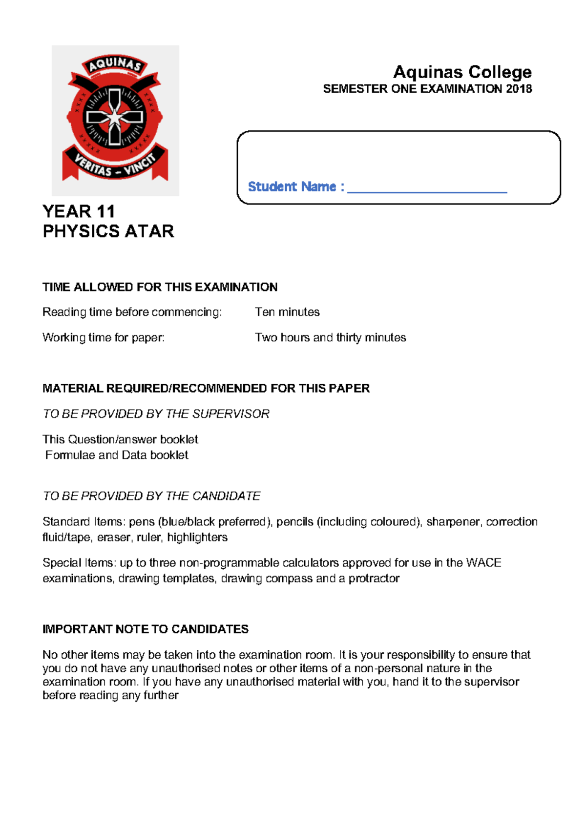 25 11 PHYSICS SEMESTER ONE EXAMINATION 2018 BOOKLET - Studocu
