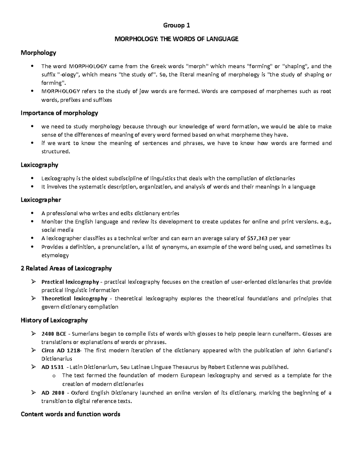Speng 100 Group 1: Morphology and Lexicography Overview - Studocu
