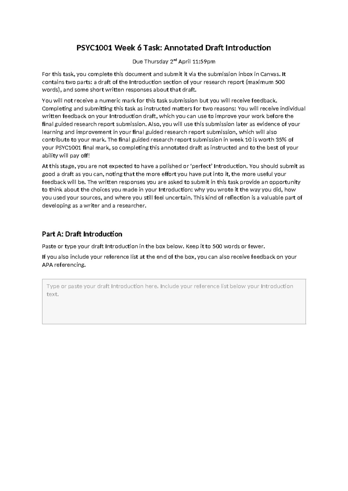 PSYC1001 Week 6 Task: Annotated Draft Introduction Guidelines - Studocu