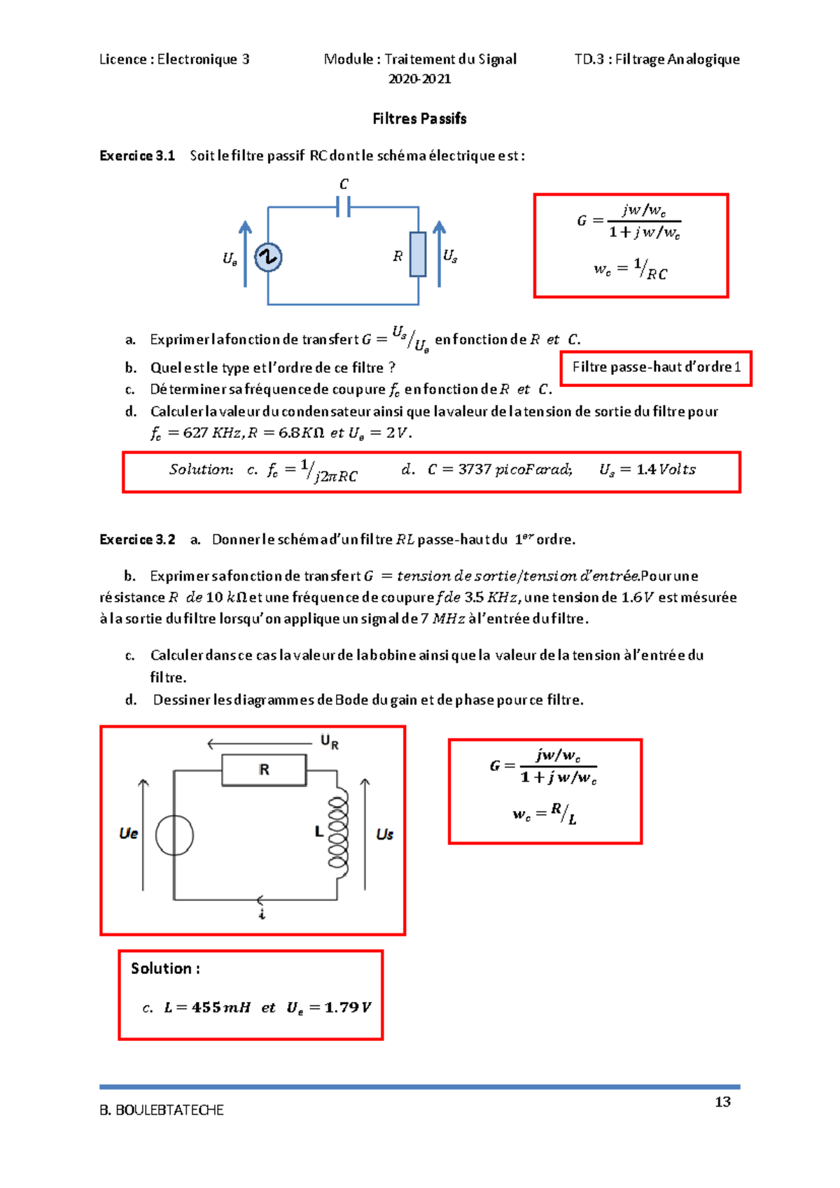 TD 3 - Filtres Passifs: Exercice sur Filtrage Analogique et Solutions ...