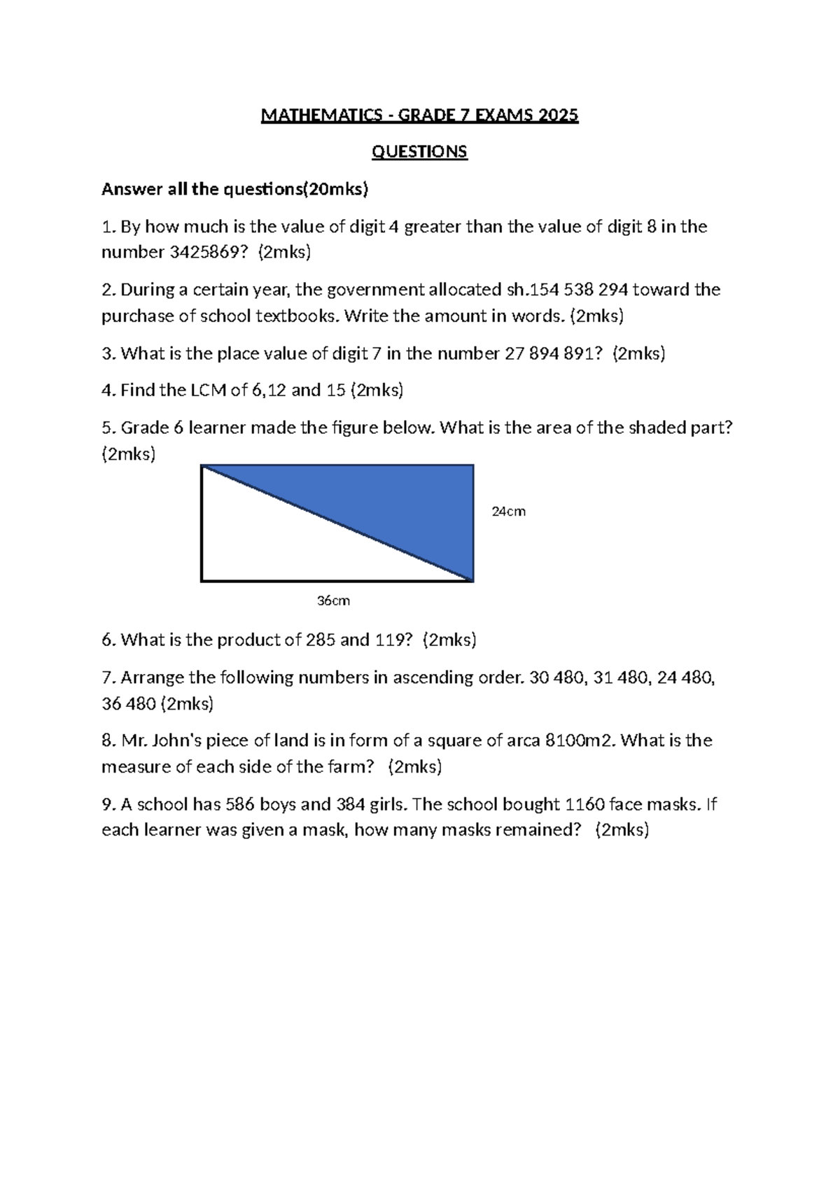 MATHEMATICS GRADE 7 EXAM 2025 QUESTIONS & ANSWERS - Studocu