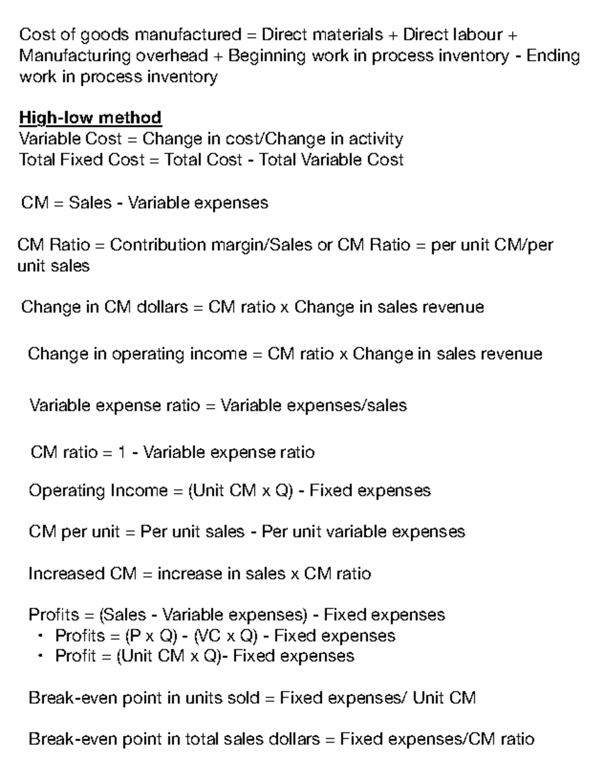 Formulas for Cost Analysis and Manufacturing (ACCT 101) - Studocu