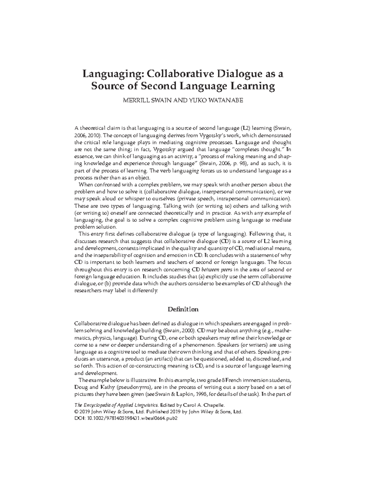 Collaborative Dialogue as a Source of Second Language Learning (L2 ...