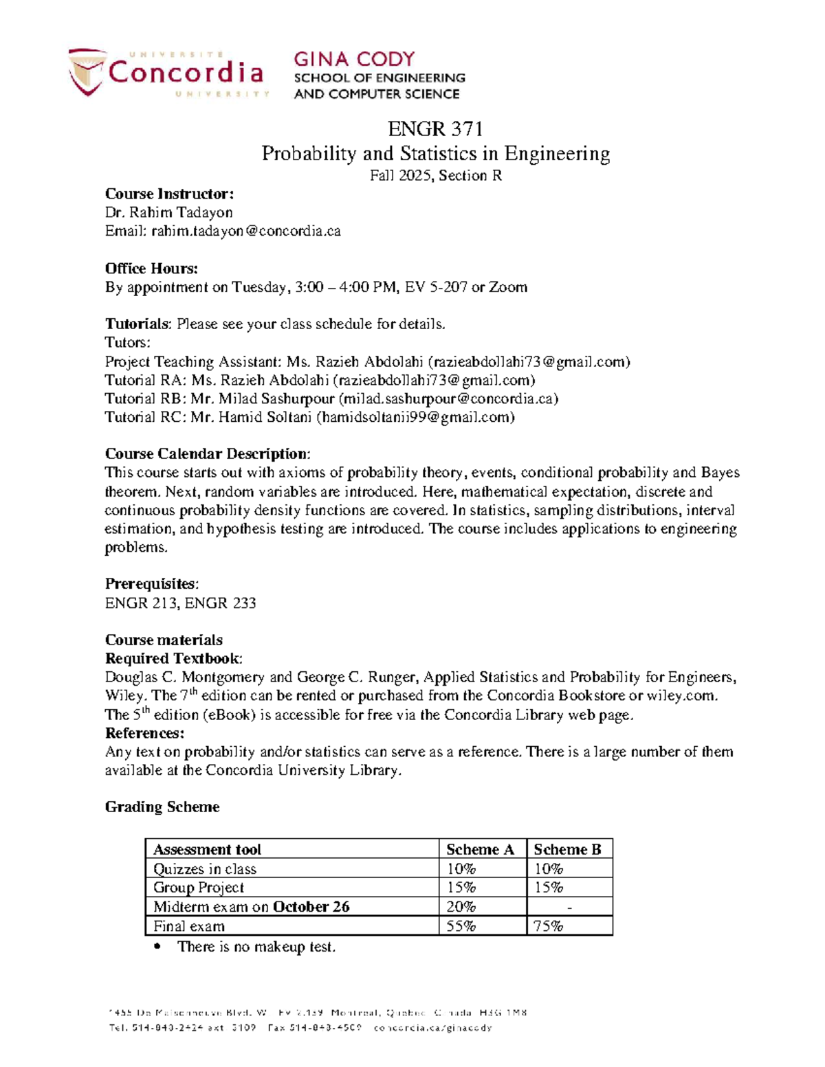 ENGR 371 Course Outline: Probability & Statistics in Engineering Fall ...