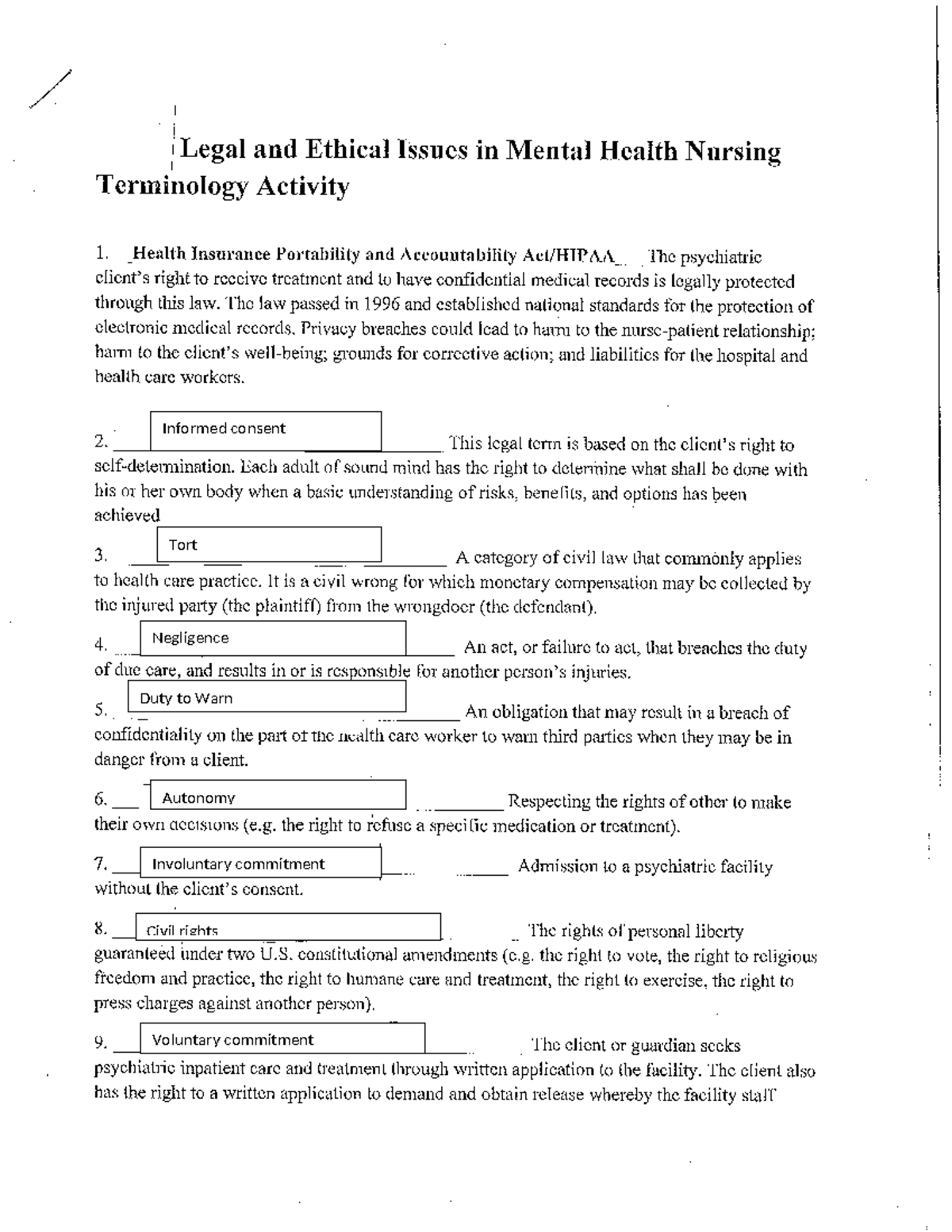 Legal & Ethical Terms for Mental Health worksheet (1)-1 - Nursing 172 ...