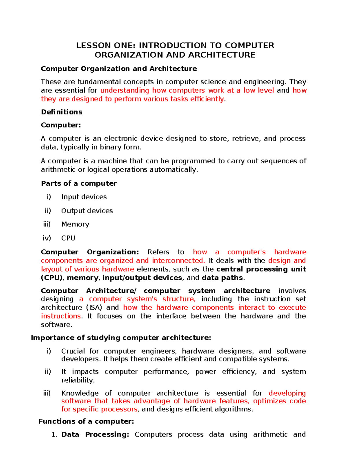 Chapter 1: Intro to Computer Organization & Architecture (CS101) - Studocu