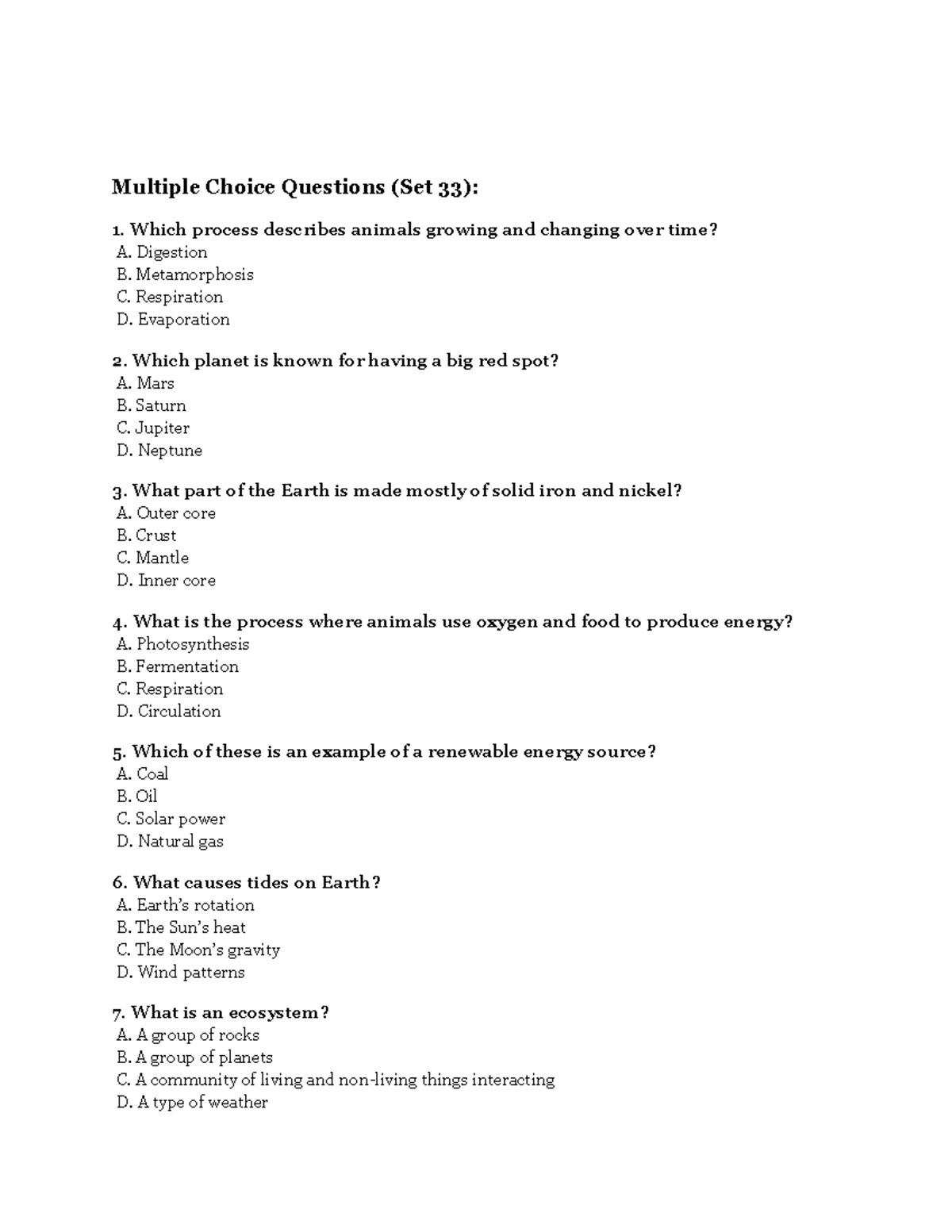 Multiple Choice Questions (Set 33) on Animals & Earth Systems - Studocu