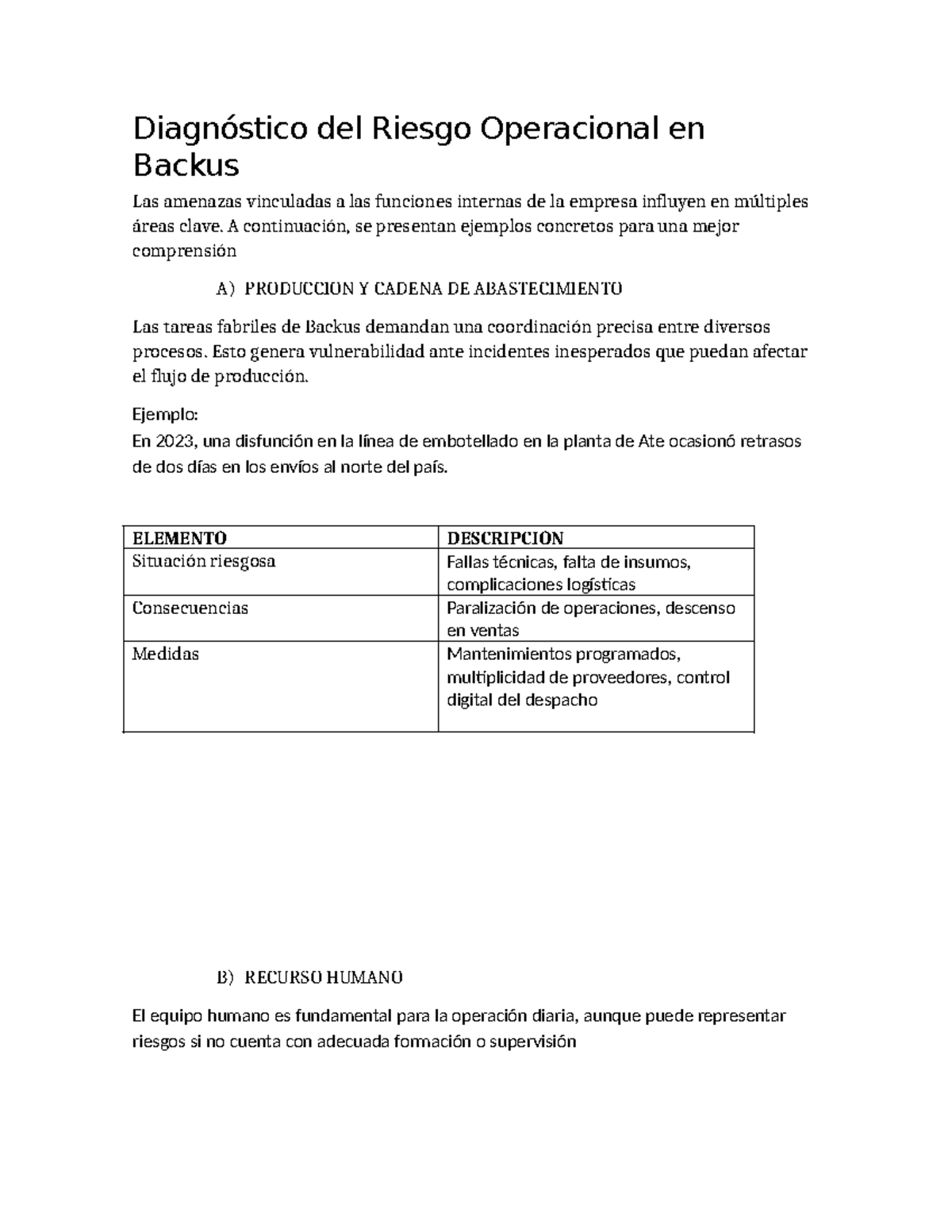 Diagnóstico del Riesgo Operacional en Backus: Análisis y Ejemplos - Studocu