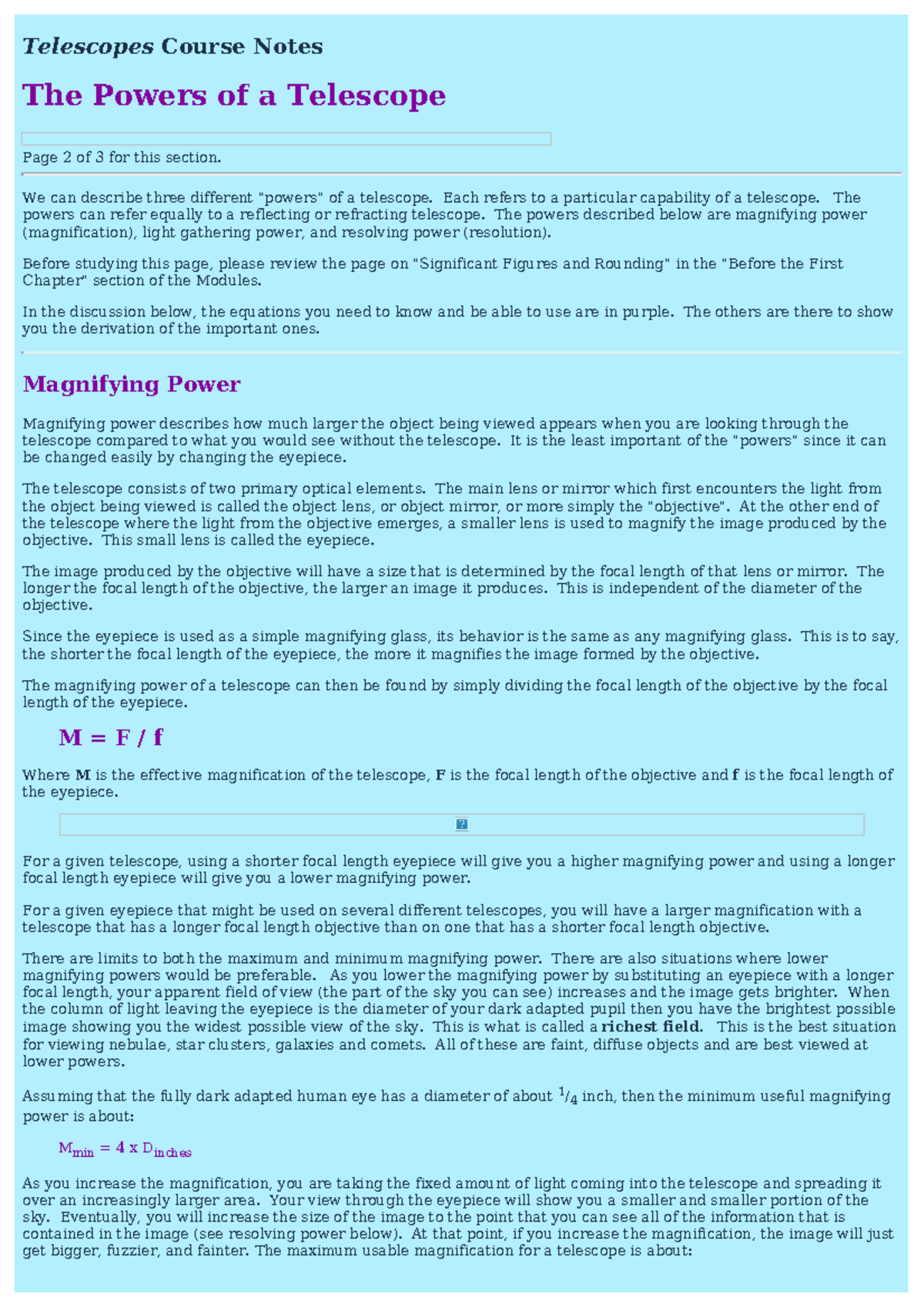 Telescopes Course Notes: Magnification, Light Gathering & Resolving ...