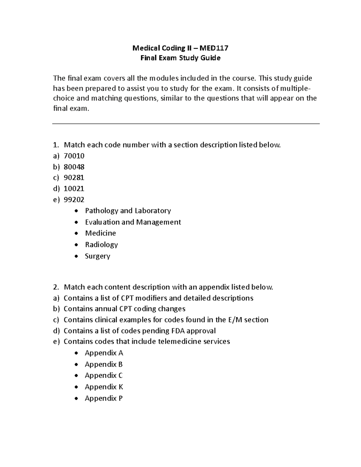 Medical Coding II - Final Exam Study Guide for MED Course - Studocu