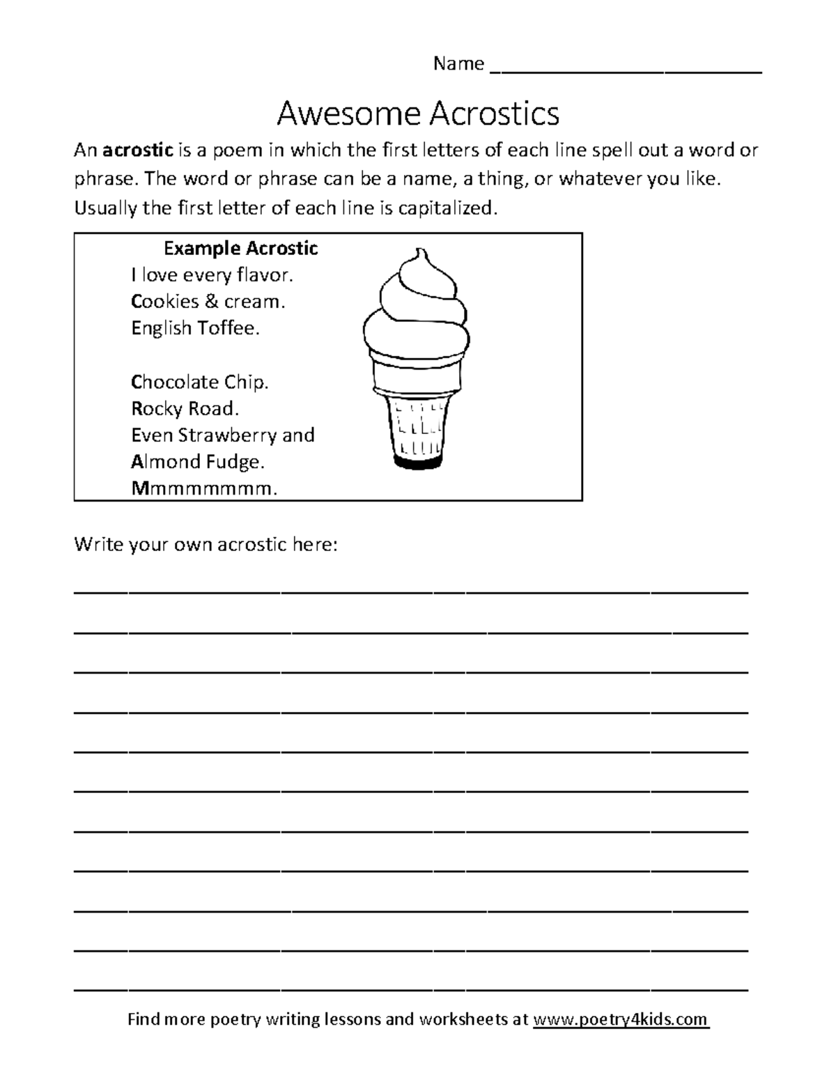 Acrostic Writing Worksheet - Name _________________________ Awesome ...
