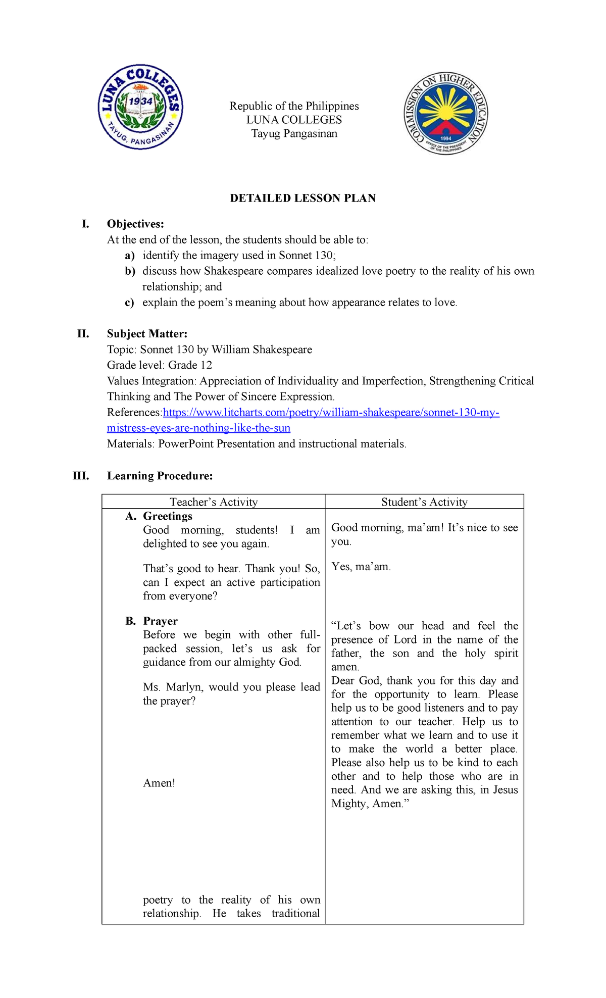 Detailed Lesson Plan on Shakespeare's Sonnet 130 for Grade 12 - Studocu