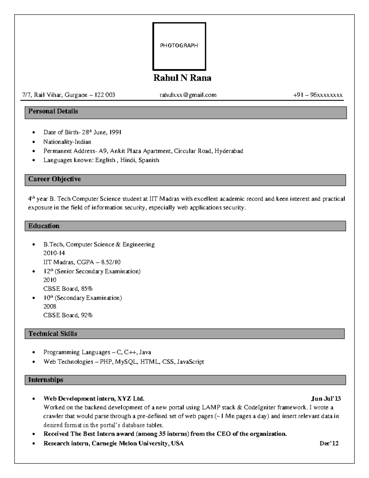 Resume Sample - B.Tech CSE Student at IIT Madras - Studocu