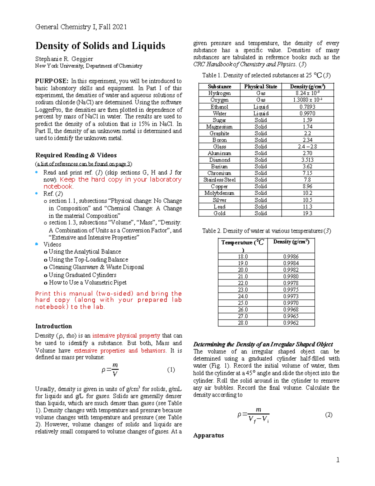 Density of Solids and Liquids Lab - Exp2Lab, General Chemistry I - Studocu