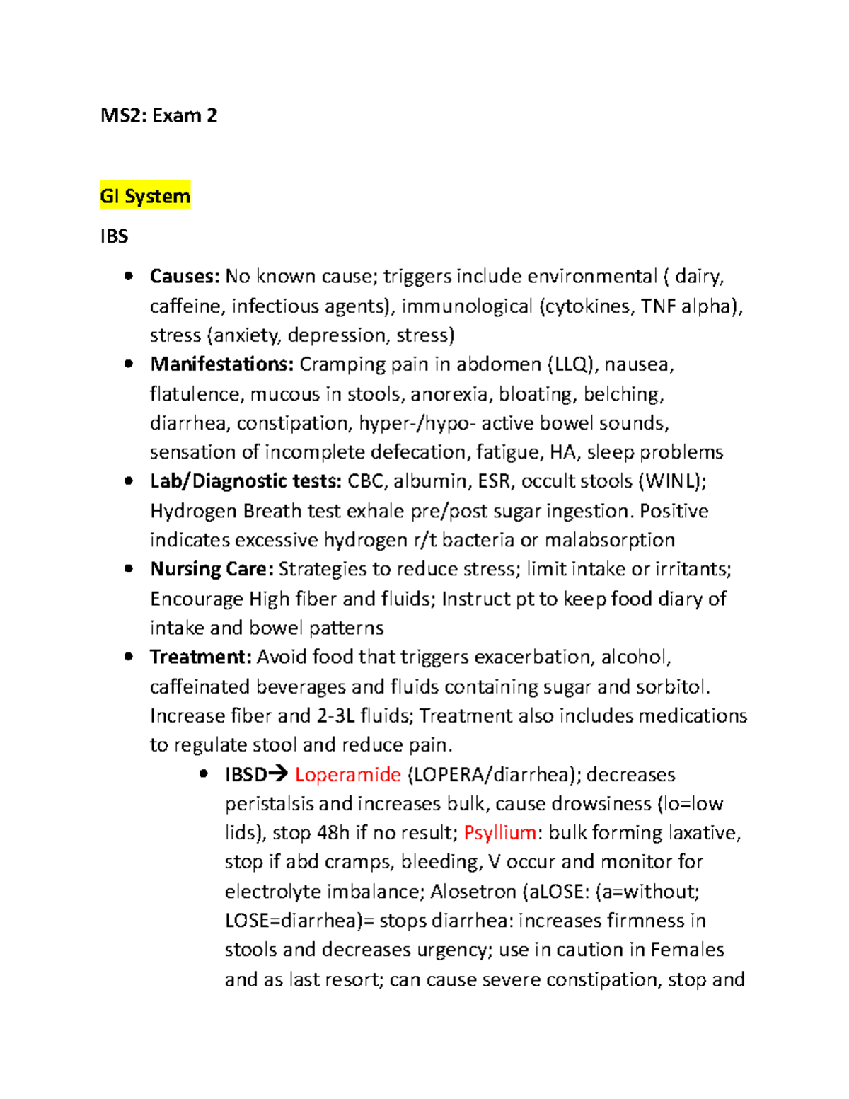 Med Surg Exam 2 - MS2 Notes on GI Disorders and Pancreatitis - Studocu