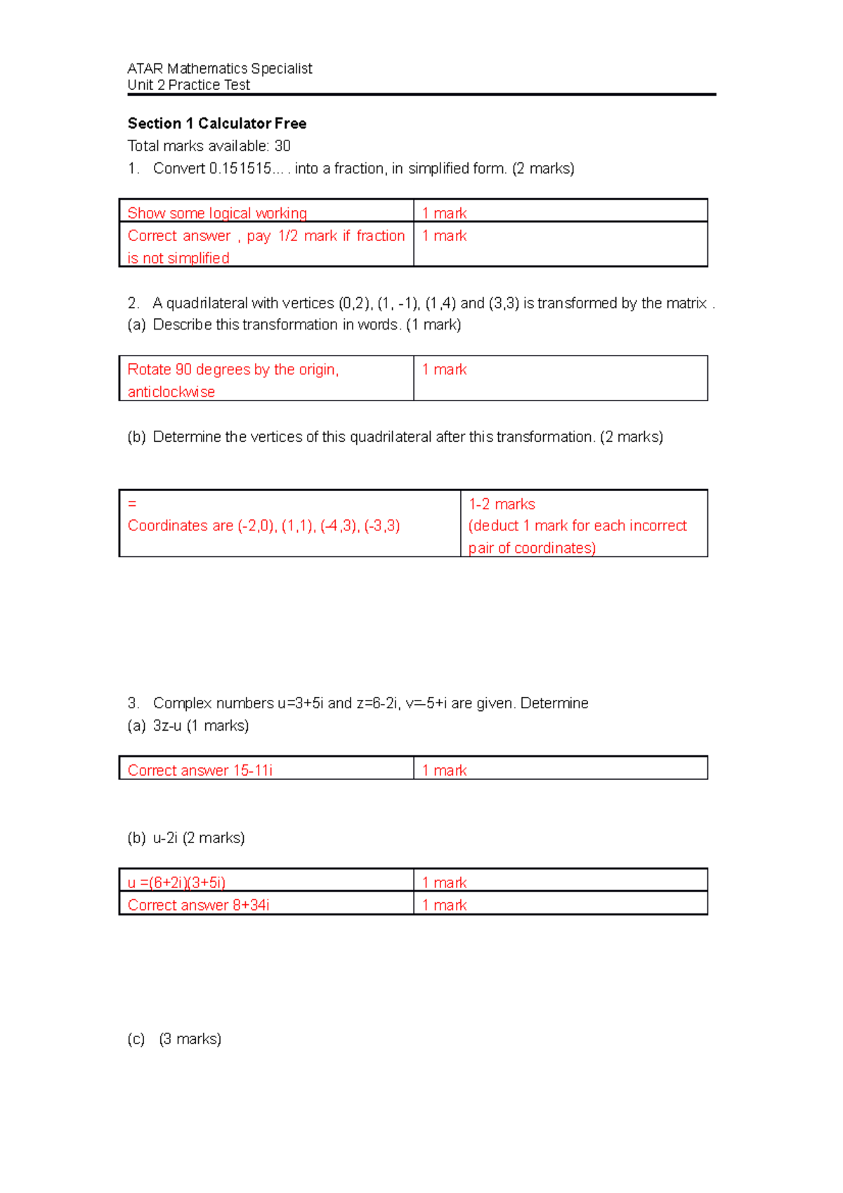 ATAR Mathematics Specialist Unit 2 Practice Test - Practice Questions ...