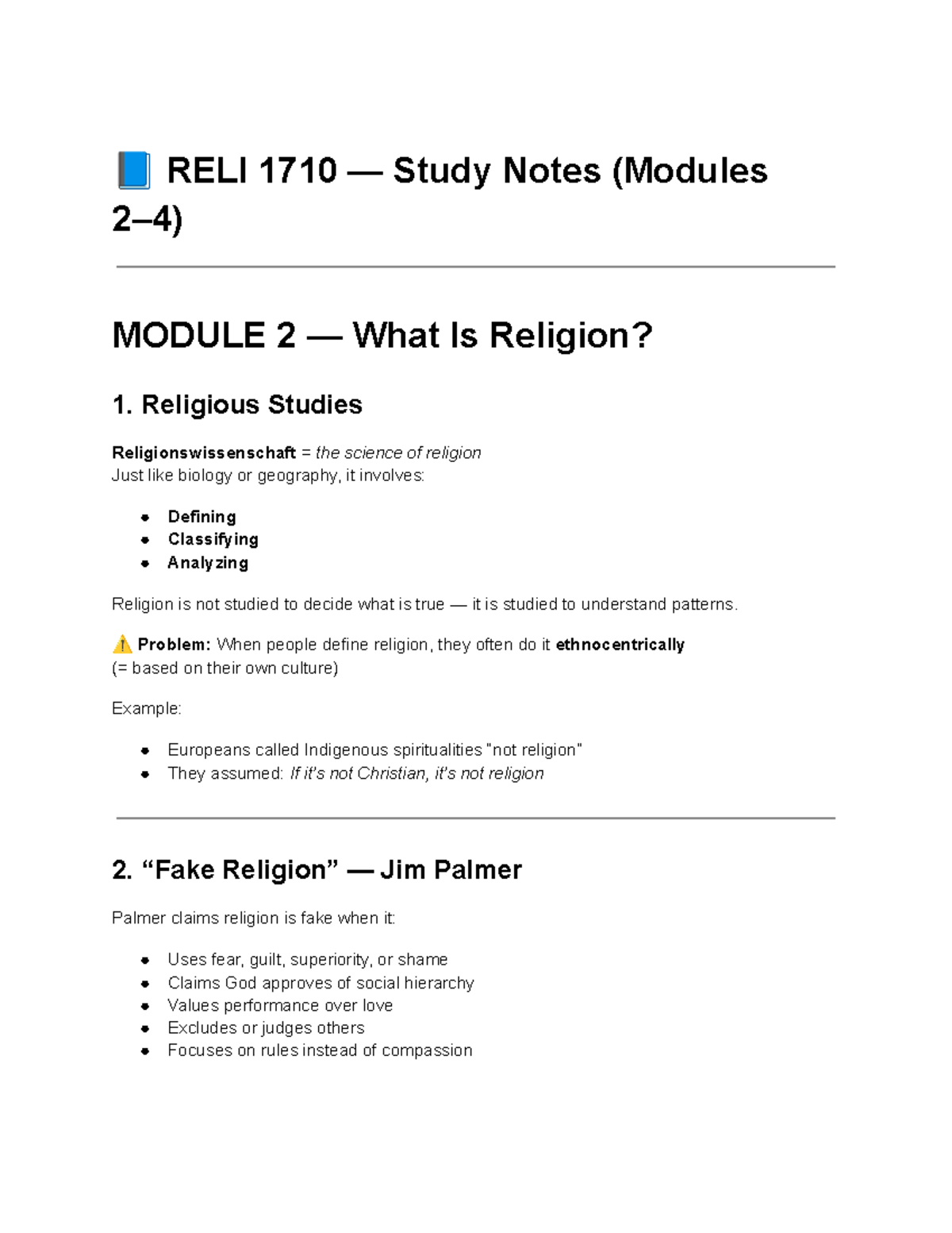 RELI 1710 Study Notes: Understanding Religion (Modules 2-4) - Studocu