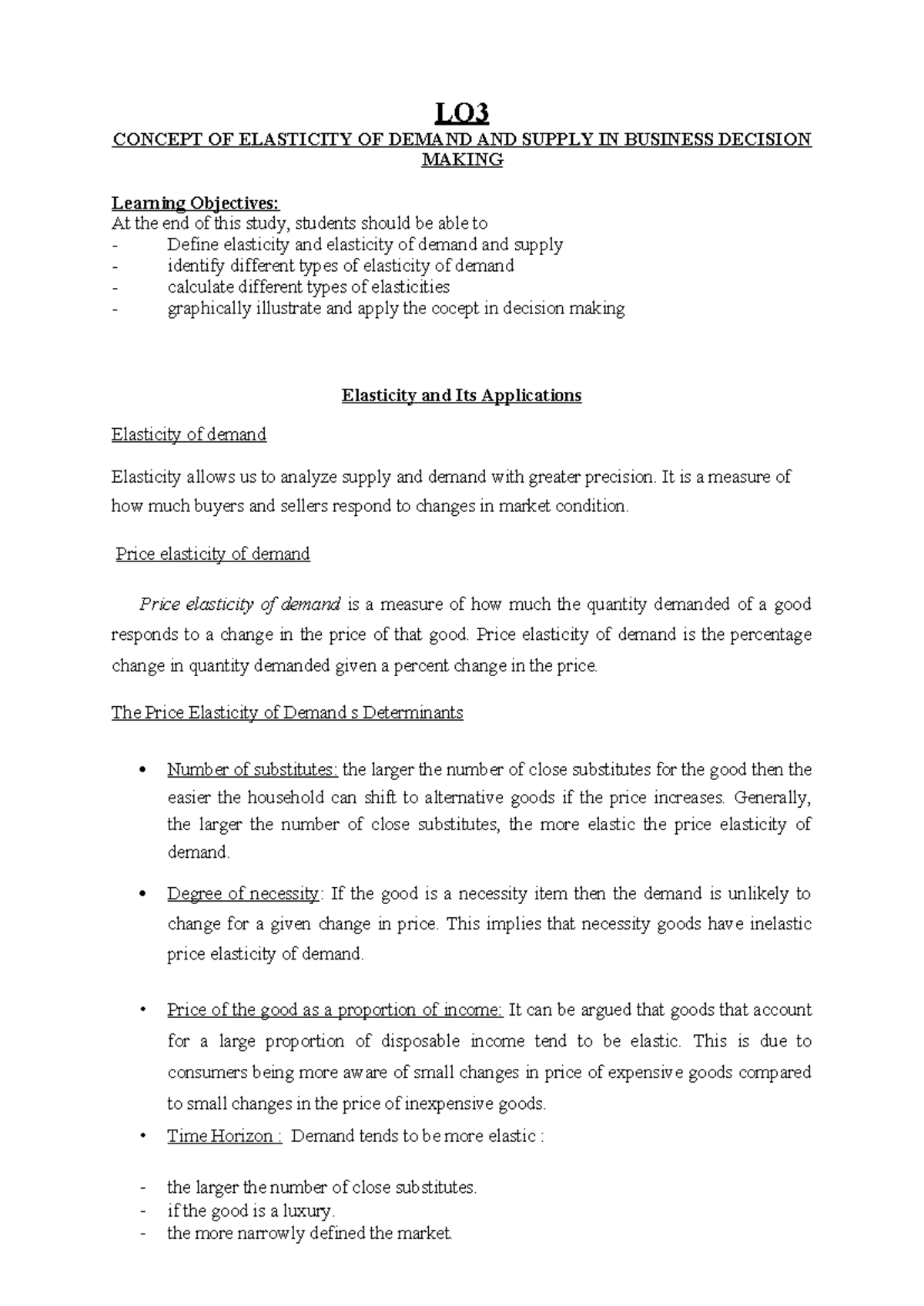 LO3 Elasticity of Demand & Supply in Business Decisions - Studocu