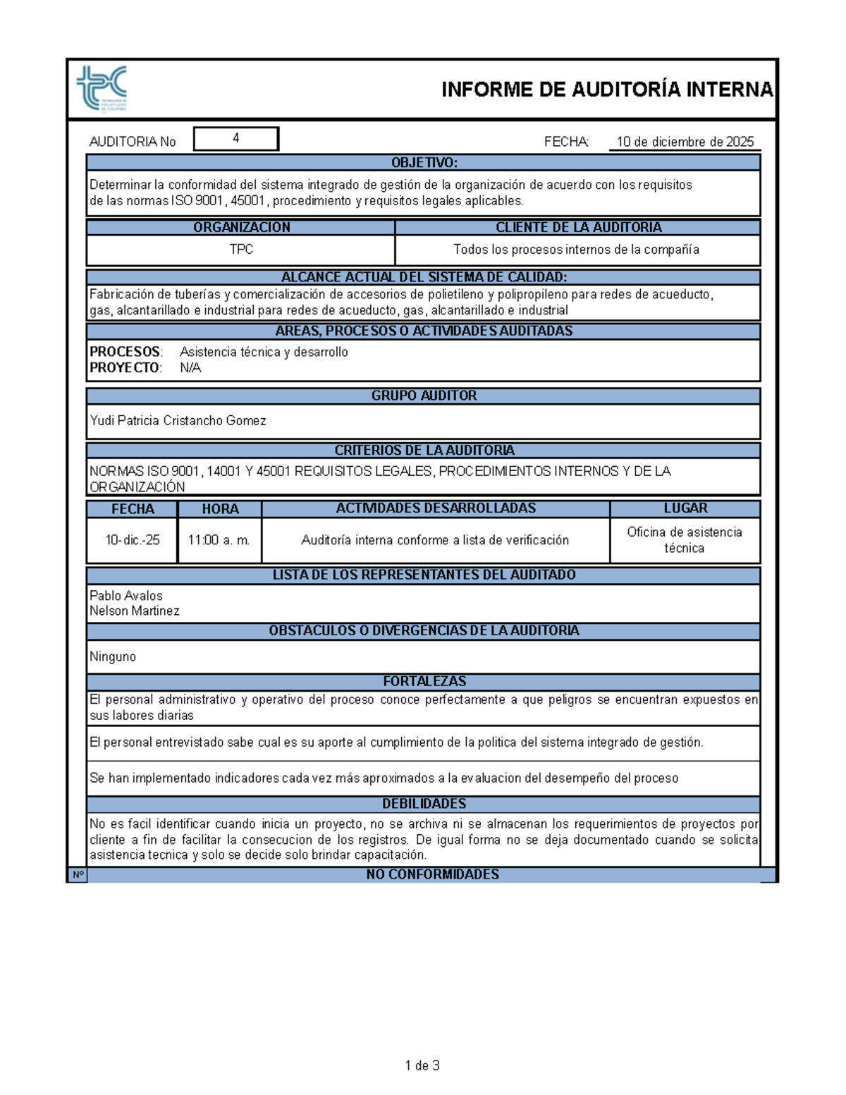 Informe de Auditoría Interna No. 4 - ISO 9001, 45001, 14001 - Studocu