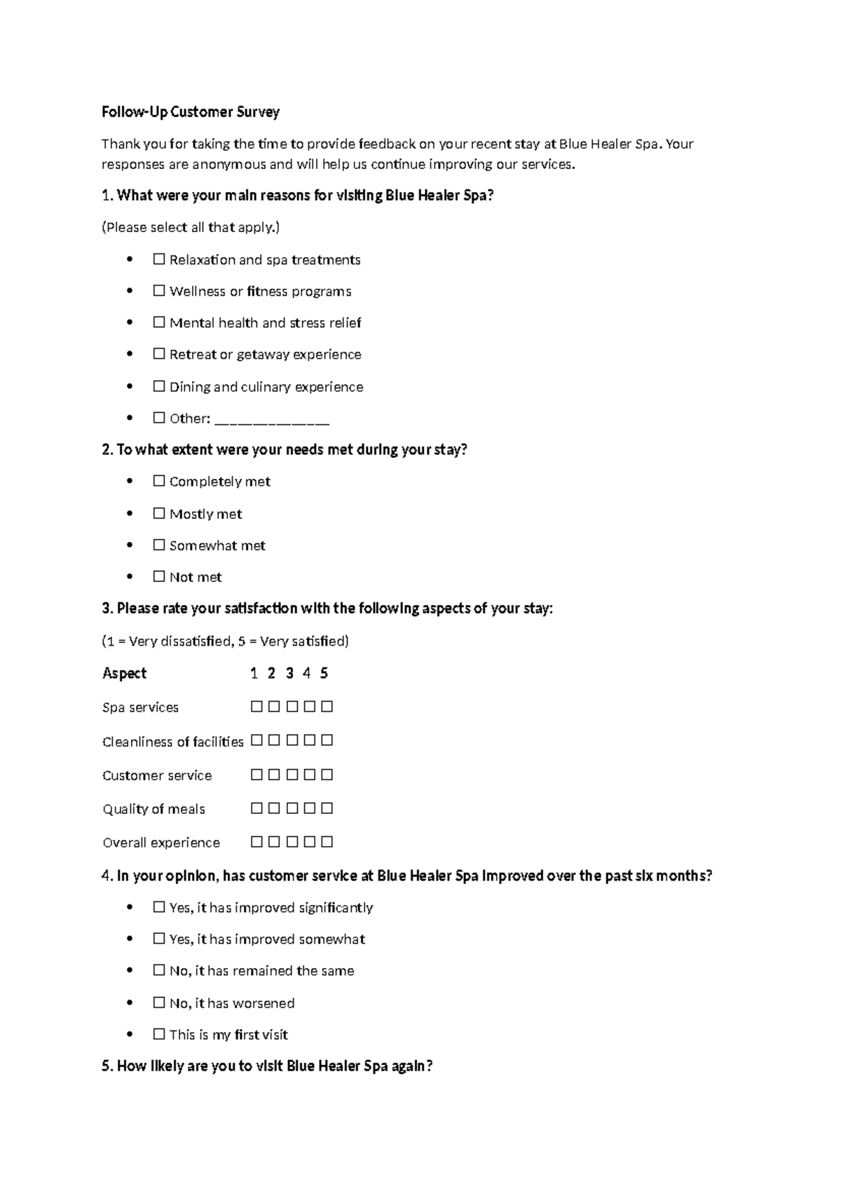 Follow up customer survey - Follow-Up Customer Survey Thank you for ...