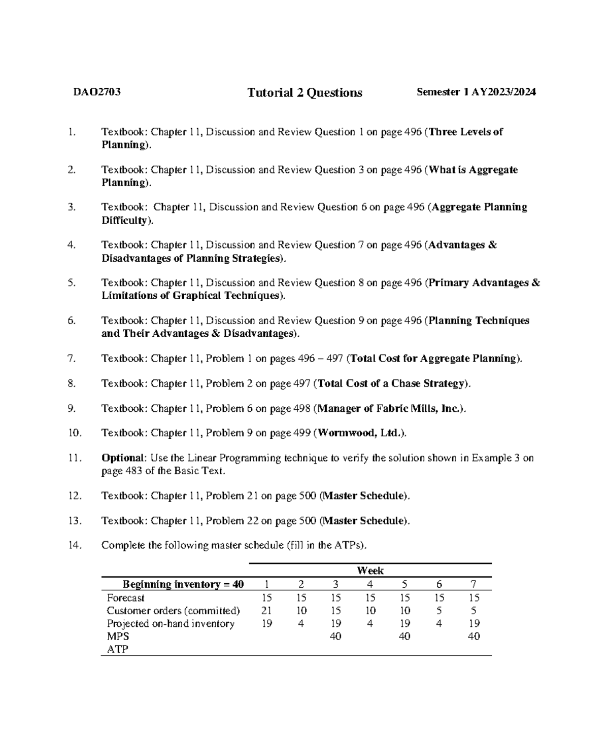 DAO2703 Semester 1 Tutorial 2: Aggregate Planning Questions - Studocu