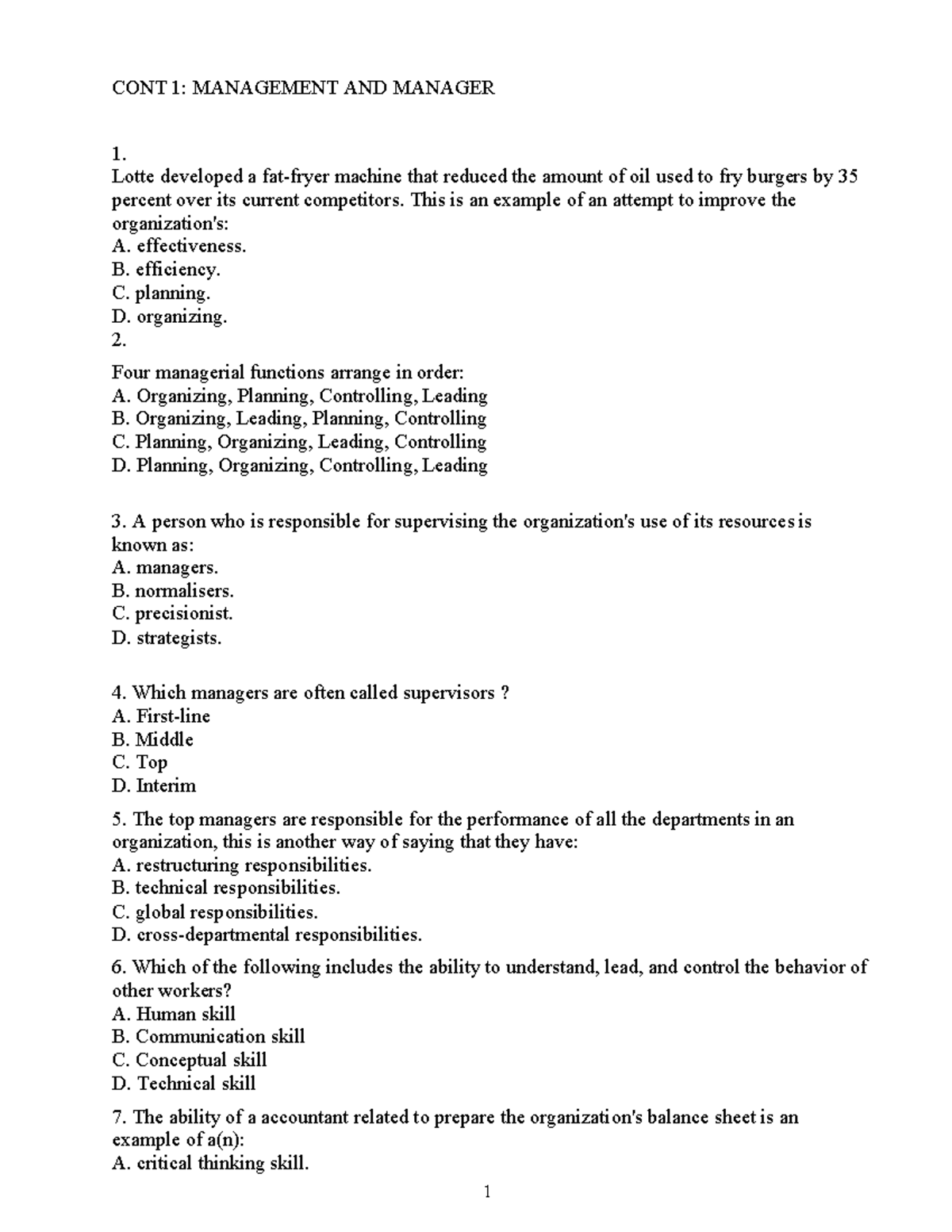 CONT 1: MANAGEMENT AND MANAGER - Study Guide for 2024 - Studocu