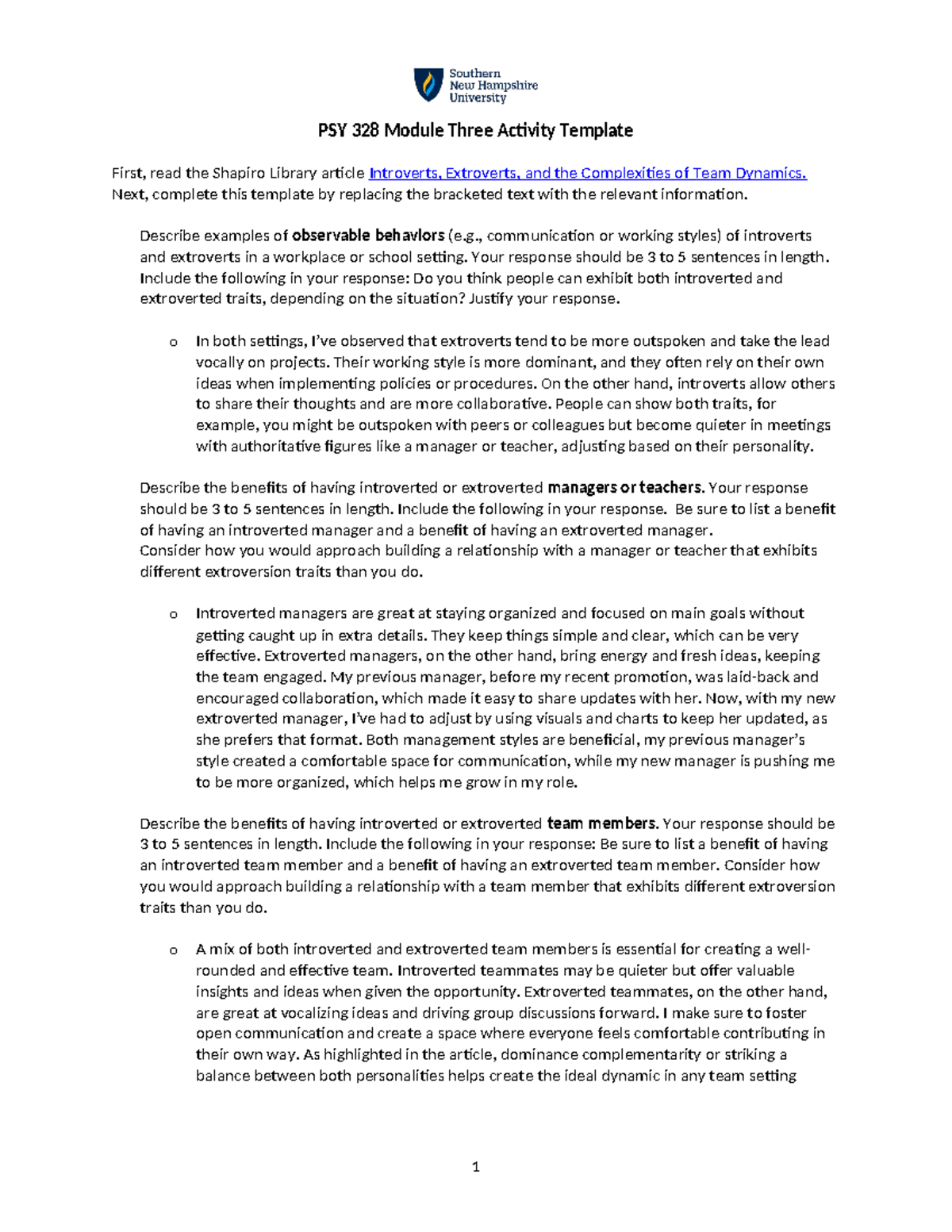 PSY 328 Module Three Activity: Exploring Team Dynamics and Traits - Studocu