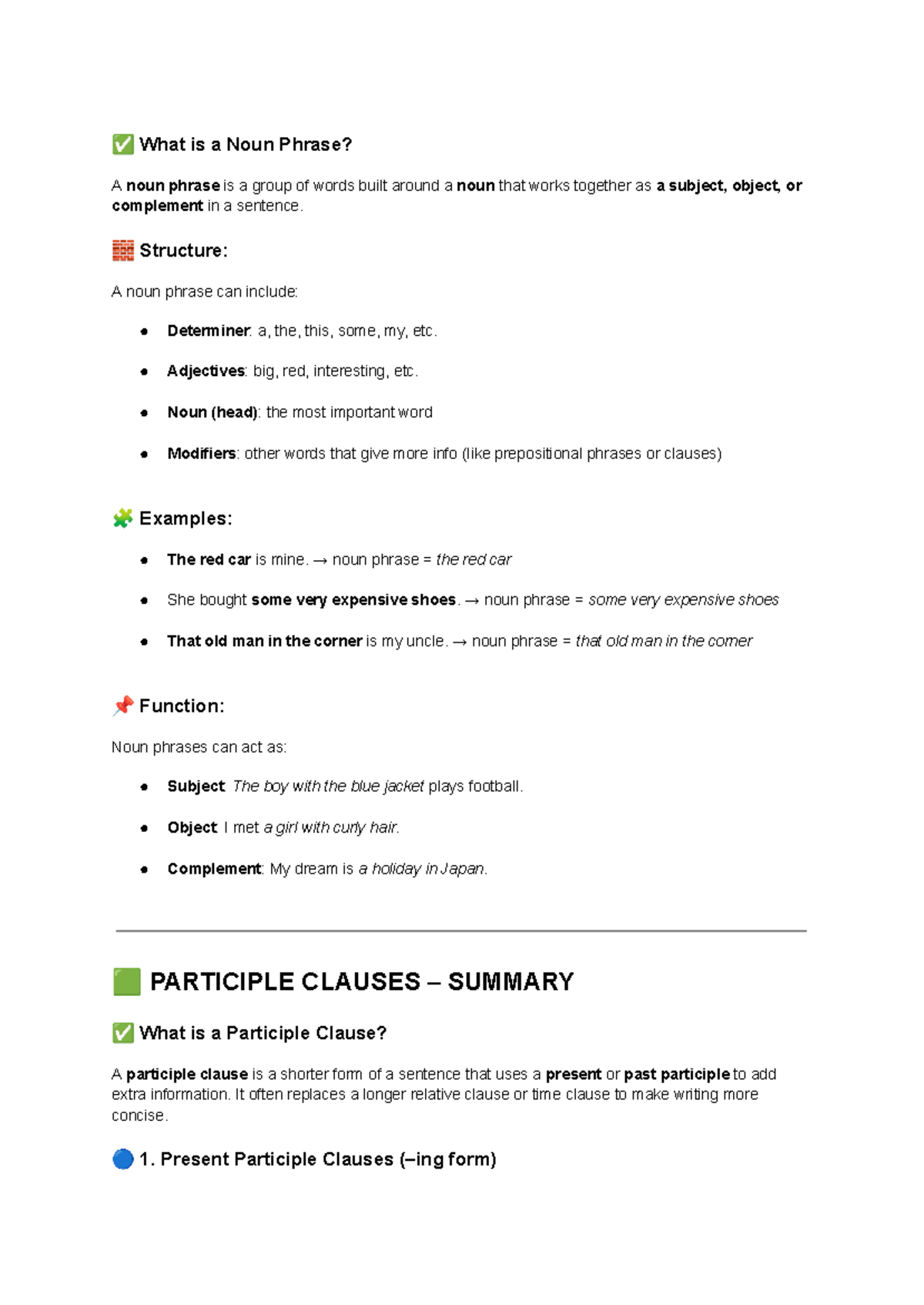 Noun Phrases & Participle Clauses Overview (ENG 101) - Studocu