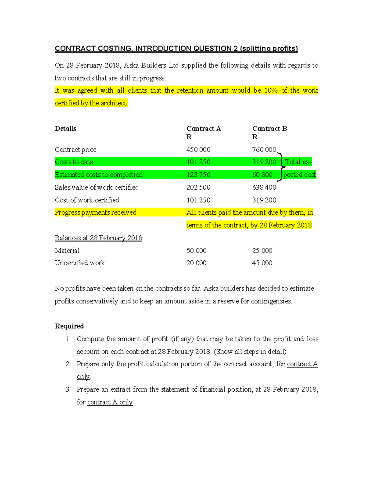 Contract Costing Analysis & Profit Splitting (Cost Accounting 2) - Studocu