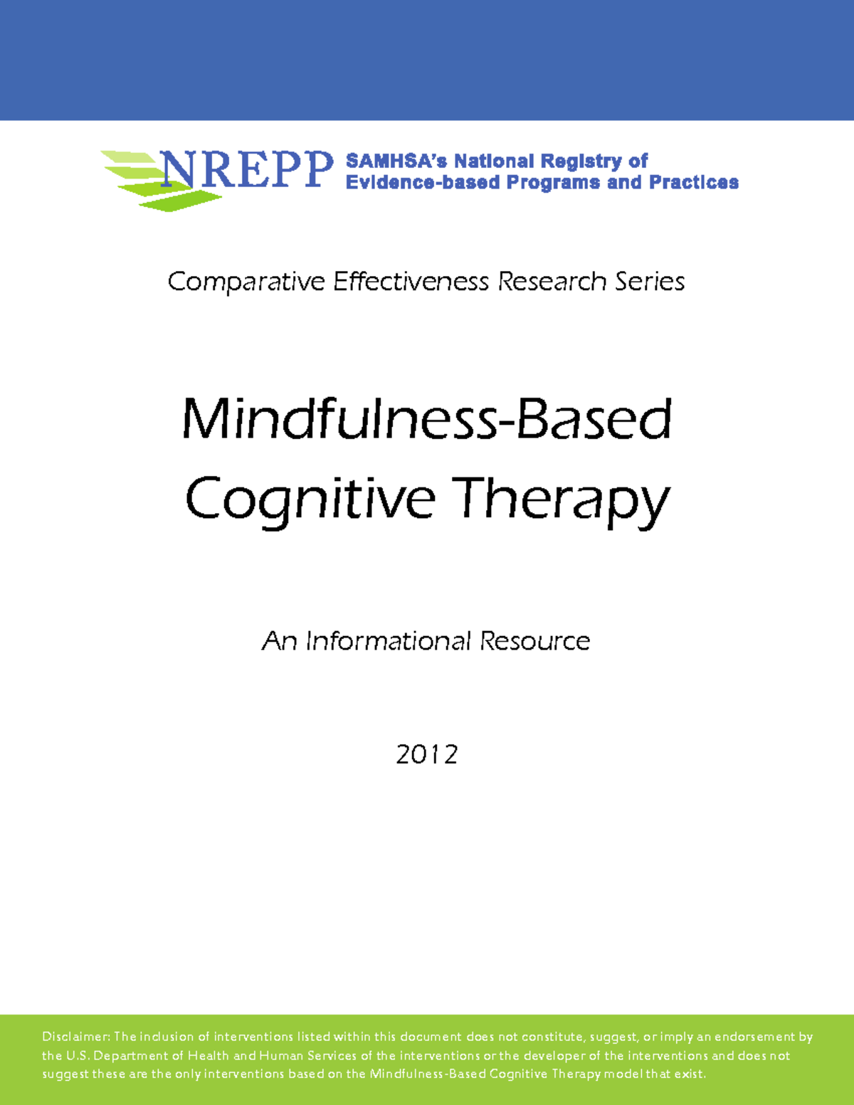 Cognitive Therapy (MBCT) Manual: An Informational Resource 2012 - Studocu