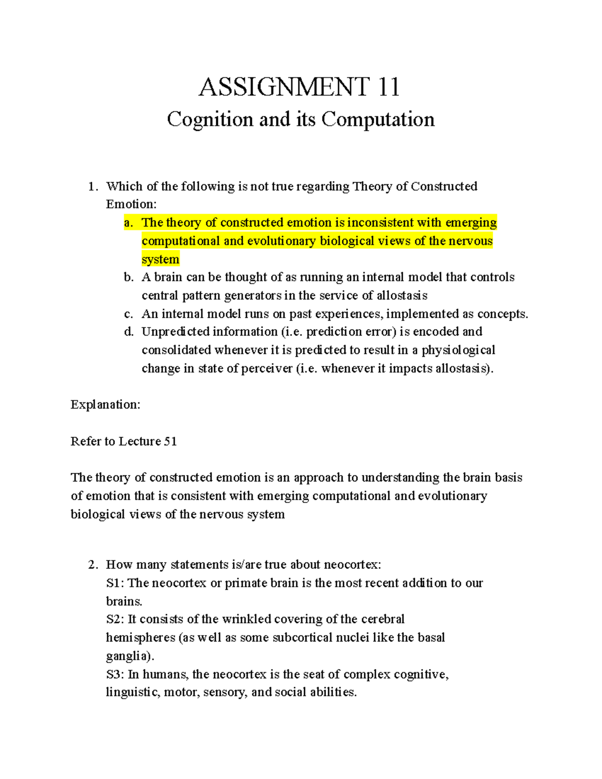 Assignment 11 - MCQ Questions on Cognition and Computation - Studocu
