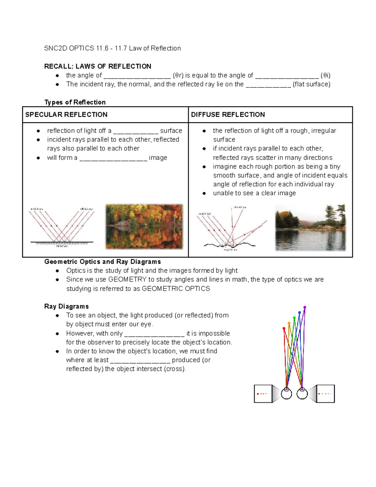 SNC2D Optics 11.6-11.7: Understanding the Law of Reflection - Studocu