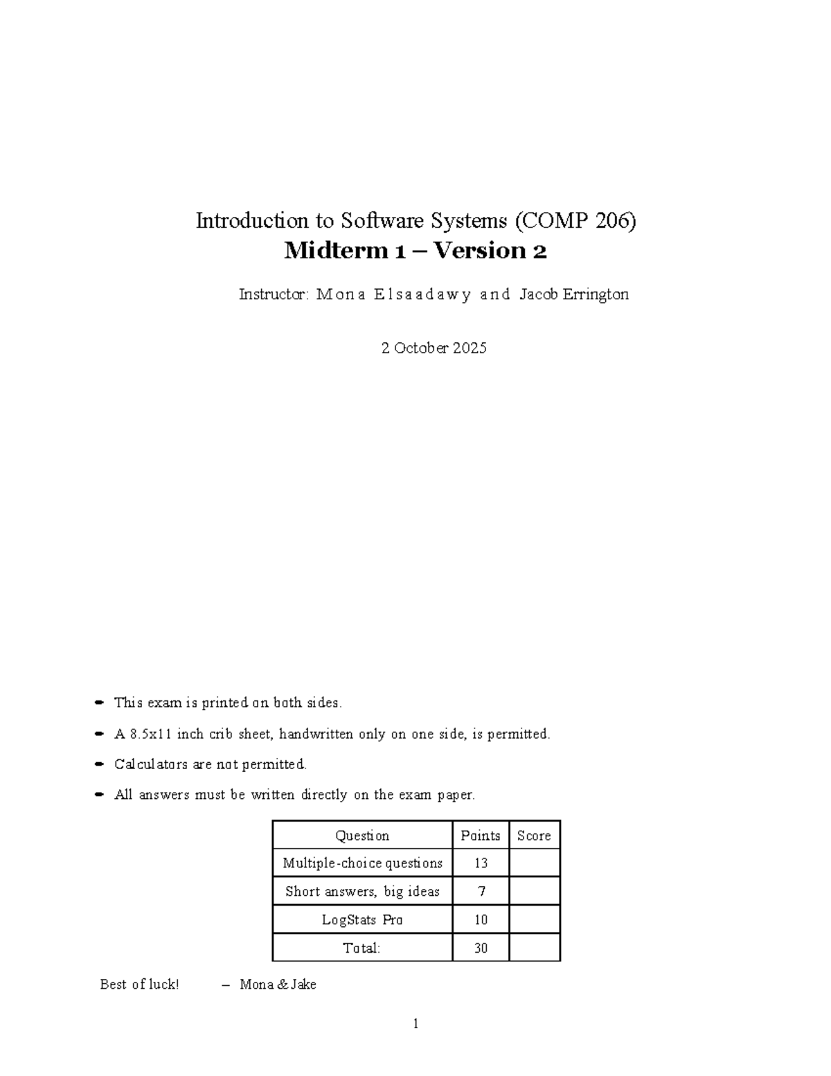 Midterm 1 Sample Exam for Software Systems (COMP 206) - Studocu