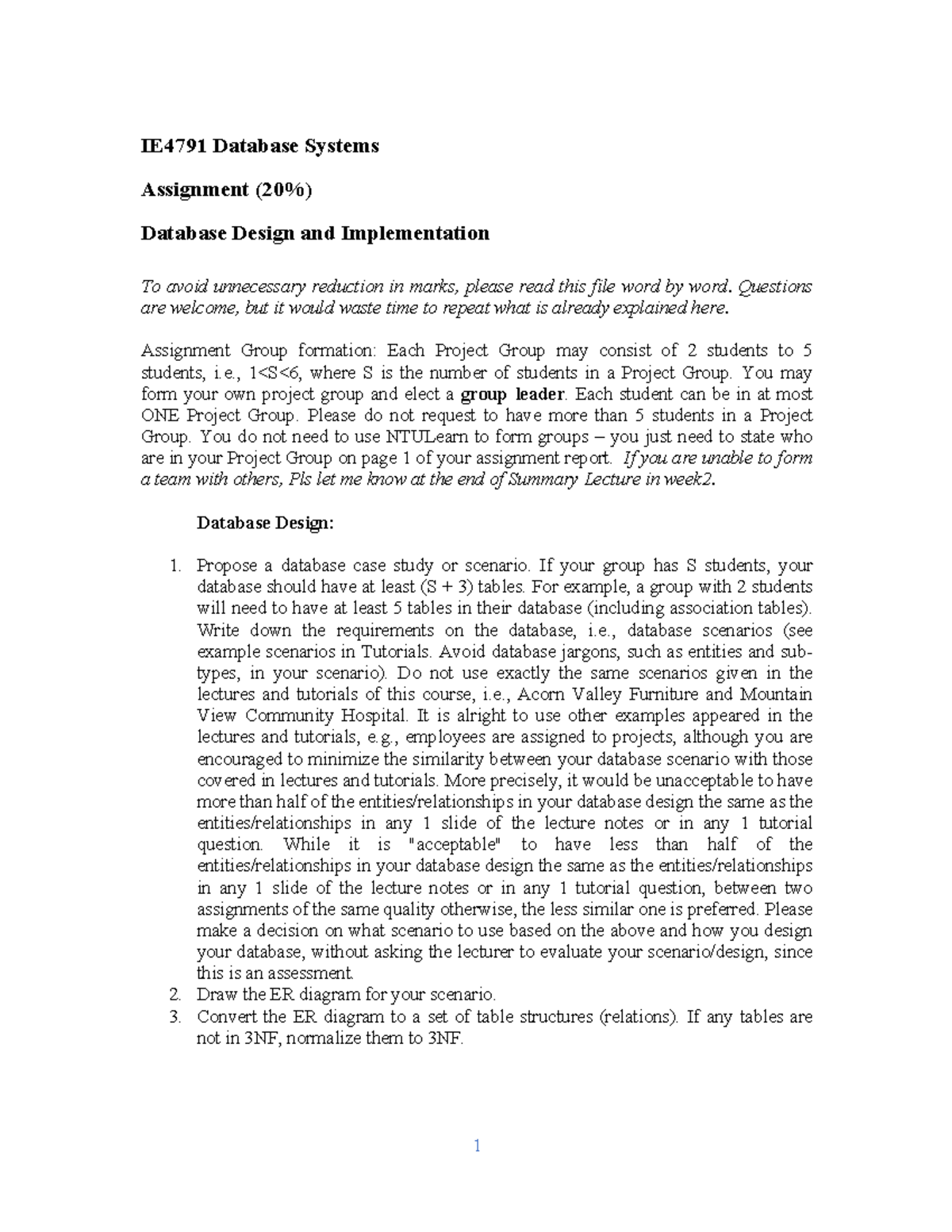 IE Project Assignment 28Dec - IE4791 Database Systems Assignment (20%) Database Design and - Studocu