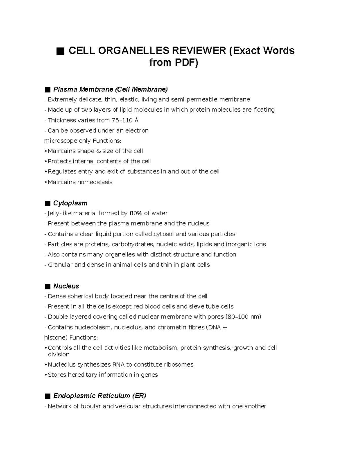CELL ORGANELLES REVIEWER (BIO101) - Key Functions & Structures - Studocu
