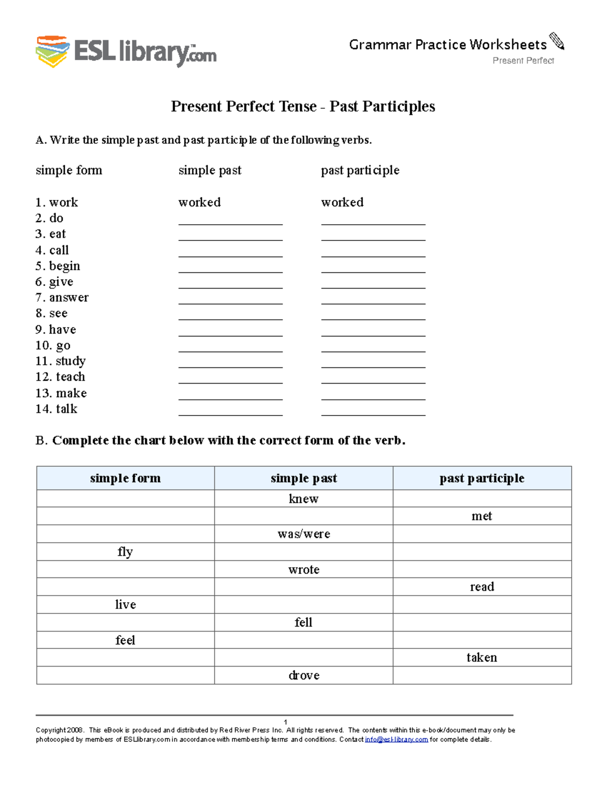 Present Perfect Tense Practice - ESL 101 Grammar Worksheets - Studocu