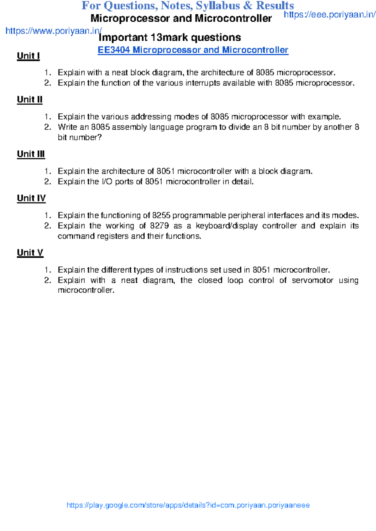 EE3404 Microprocessor & Microcontroller Important 13 Mark Qs & Notes ...