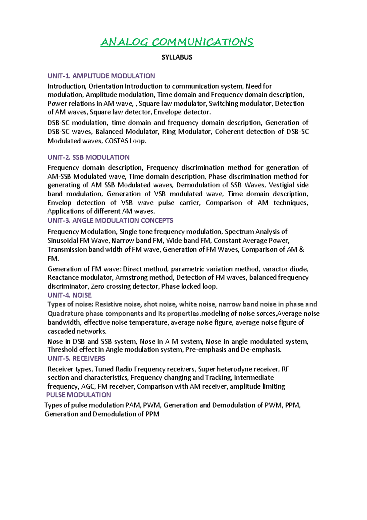 Analog Communication (EE 101) - Comprehensive Study Notes - Studocu
